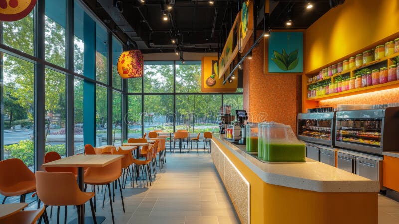 Modern Cafe Interior with Orange Chairs, Counter, and Greenery ...