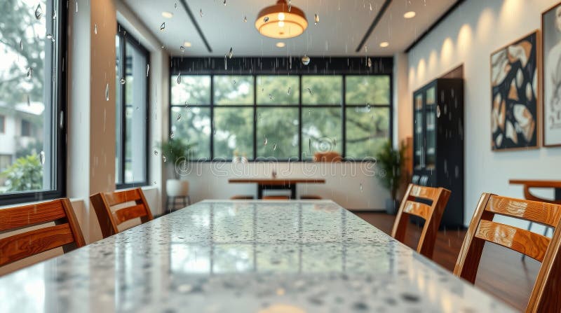 Modern Cafe Interior with Rain Falling Outside Over a Sleek Table ...