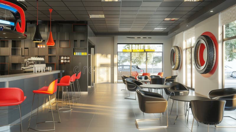 Modern Cafe Interior with Red Bar Stools Stock Image - Image of chairs ...