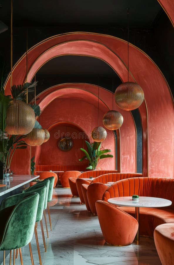 Modern Cafe Interior with Retrofuturistic Design and Vibrant Colors ...