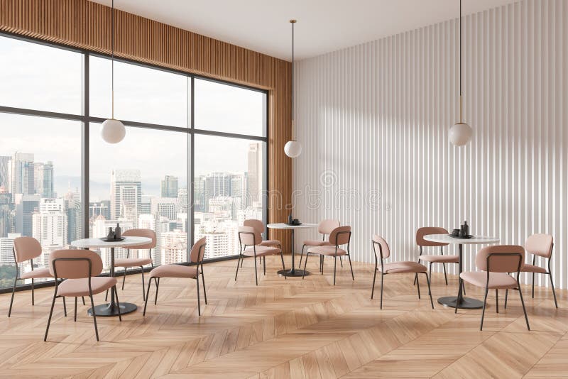 Cafe Interior with Round Tables, Chairs, a City View Background ...