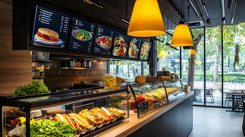 Modern Cafe Interior with Sandwich Display and Digital Menus Stock ...