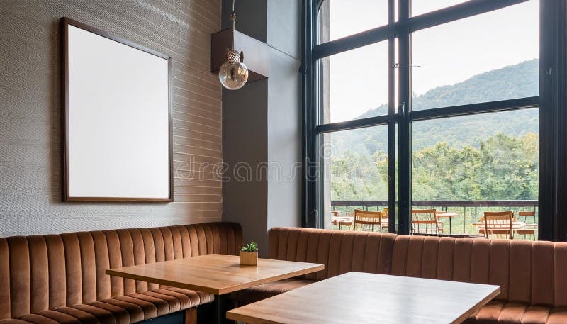Modern Cafe Interior with Seats and Table, Panoramic Window. Mockup ...
