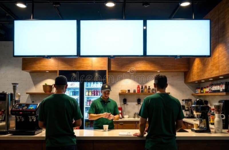 Modern Cafe Interior with Staff in Uniform and Digital Menu Screens ...