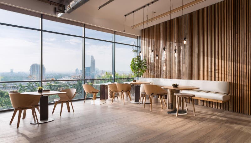 Modern Cafe Interior with Wooden Accents and City View. 3D Rendering ...