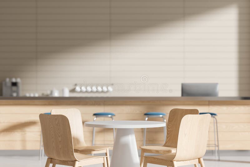 Modern Cafe Interior with Wooden Chairs and Round Table. 3D Rendering ...