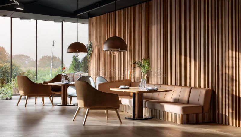 Modern Cafe Interior with Wooden Walls and Cozy Seating. 3D Rendering ...