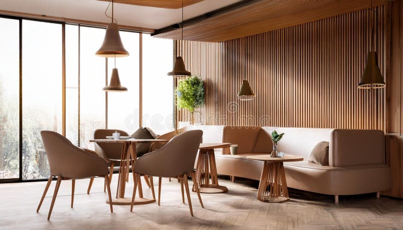Modern Cafe Interior with Wooden Walls and Cozy Seating. 3D Rendering ...