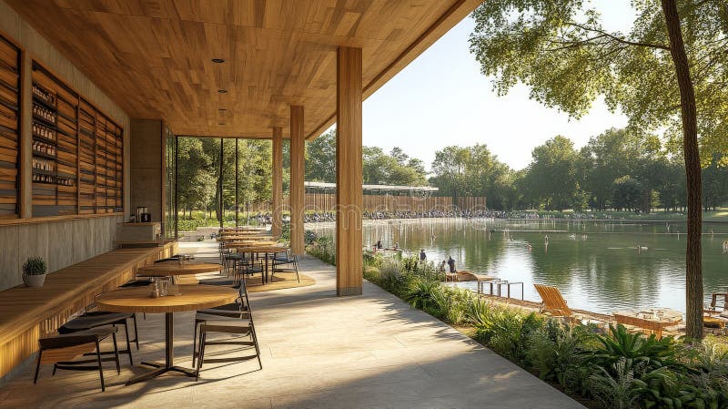 Modern Cafe with Lake View stock illustration. Illustration of ...