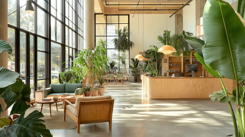 Modern Cafe with Large Windows and Abundant Greenery in Bright Open ...