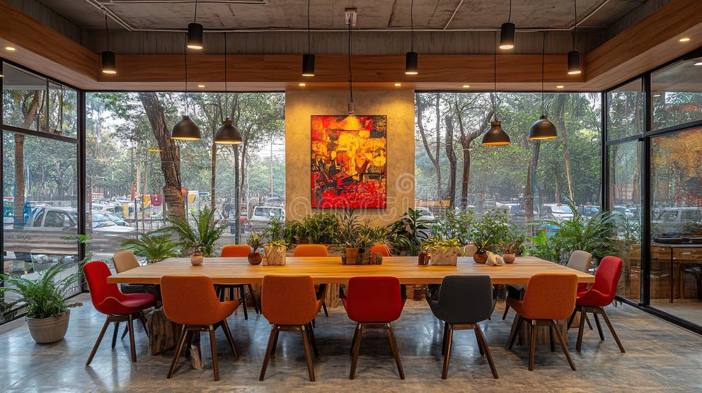 Modern Cafe with a Long Communal Table and Vibrant Artwork Stock Image ...
