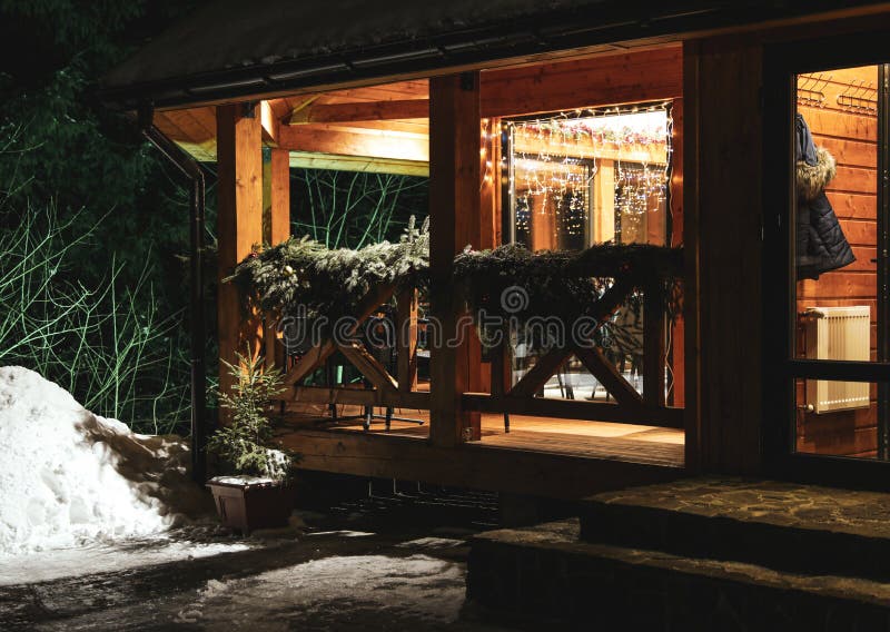 Modern Cafe with Open Terrace in Evening. Winter Stock Photo - Image of ...