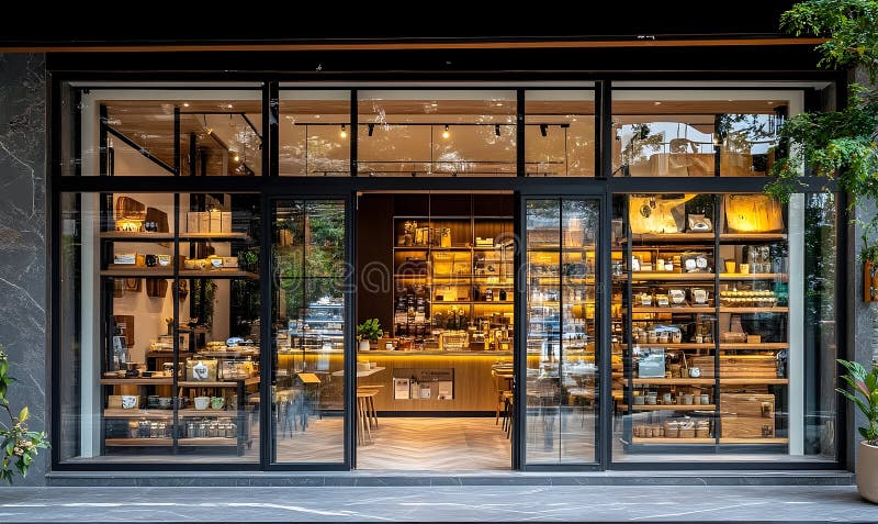 Modern Cafe Storefront with Glass Doors Stock Illustration ...