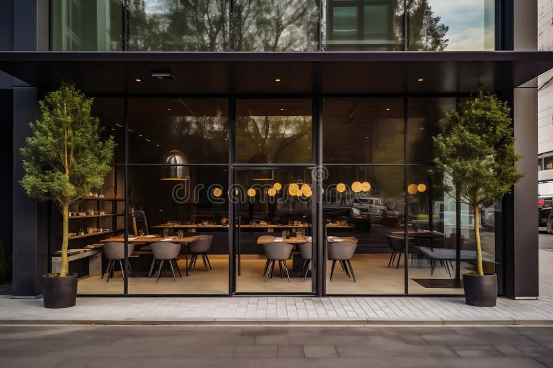 Modern Cafe Storefront with Large Windows and Entrance, Black Exterior ...