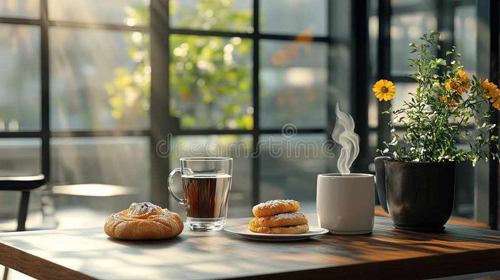 A Modern Cafe Table Setup Featuring Freshly Brewed Coffee and Pastries ...