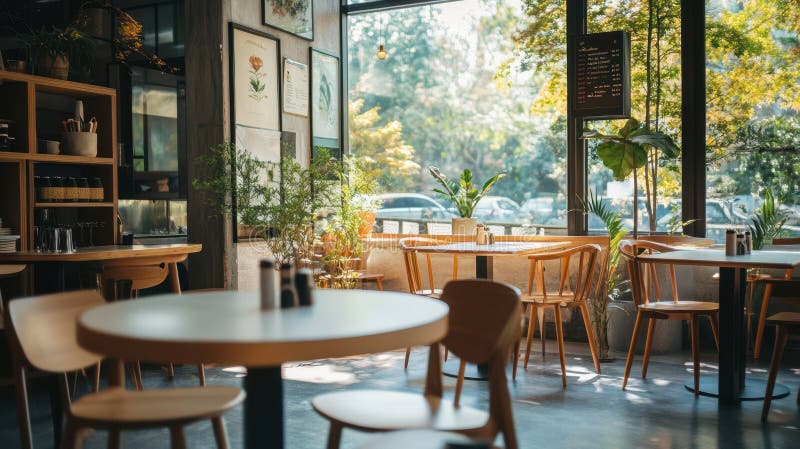 Modern Cafe with Tables Chairs Panoramic View Cozy Seating Layout Stock ...