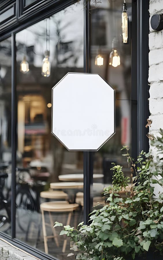 A Modern Cafe Window Featuring Elegant Decor, Warm Lighting, and a ...