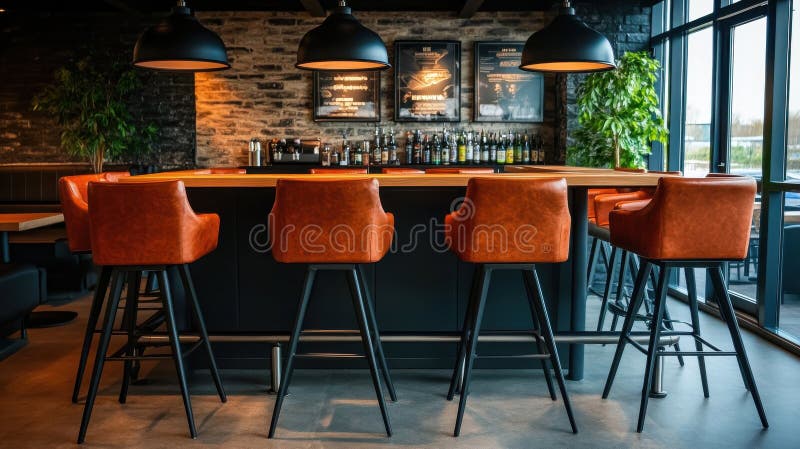 Modern Cafeteria Bar with Orange Leather Stools and Black Lamps Stock ...