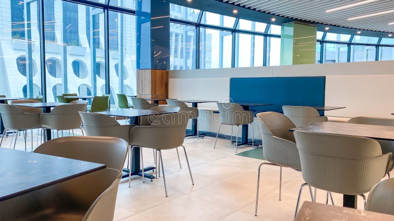 Modern Cafeteria Interior with Empty Tables and Chairs, Large Panoramic ...