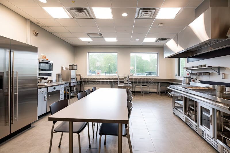 Modern Cafeteria Kitchen with Sleek Counters and Stainless Steel ...