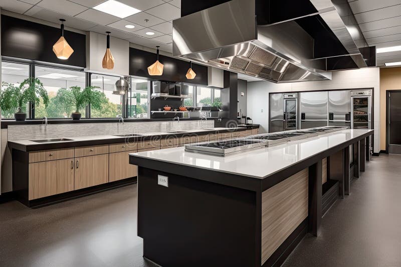 Modern Cafeteria Kitchen with Sleek Design and Open Work Spaces Stock ...
