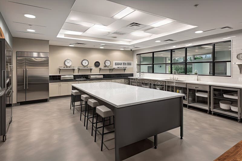 Modern Cafeteria Kitchen with Sleek Design and Open Work Spaces Stock ...