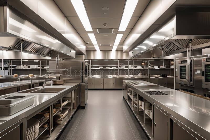 Modern Cafeteria Kitchen with Sleek Design and Open Work Spaces Stock ...