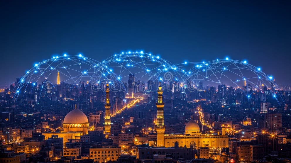 Modern Cairo Cityscape at Night with Connected Network, Technological ...