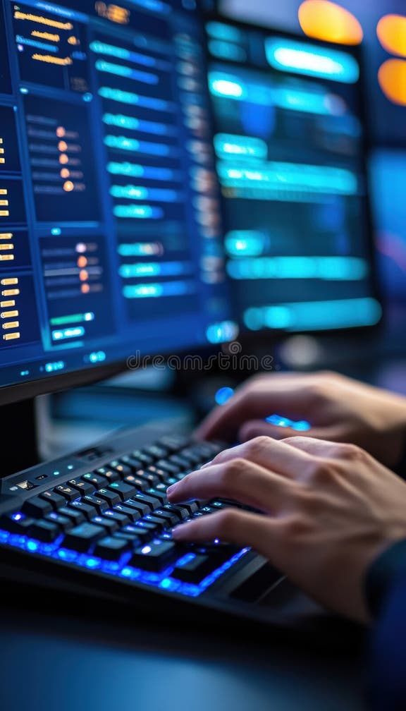 Modern Call Center Efficiency: Hands Typing on Keyboard with Dual ...