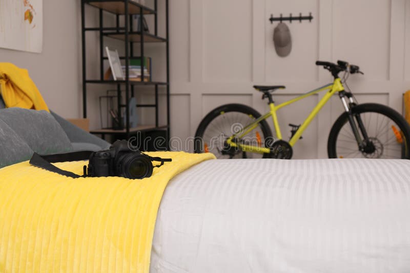 Modern Camera on Bed in Stylish Teenager`s Room Interior Stock Photo ...