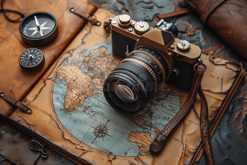 Retro Camera with Compass on a Vintage Map Stock Photo - Image of ...