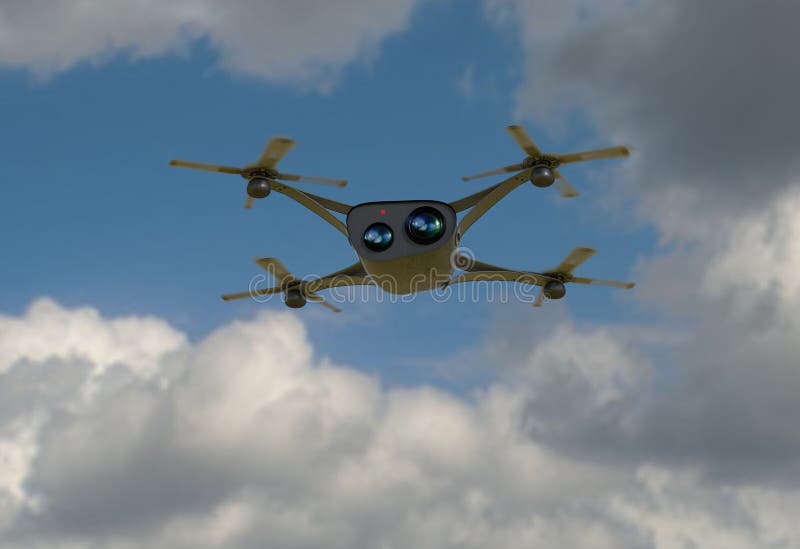 Modern Camera Drone in Flight, Front View of the Futuristic Black ...