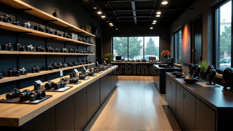 Modern Camera Store Interior with Shelving and Display Cases Stock ...