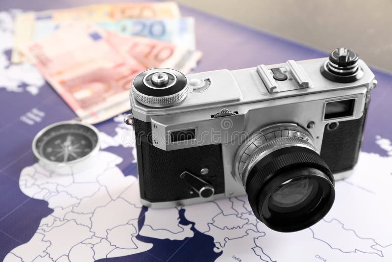 Modern Camera on World Map. Travel Concept Stock Photo - Image of hobby ...