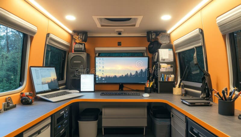 Modern Camper Van Conversion Interior with Cozy Workspace Featuring ...
