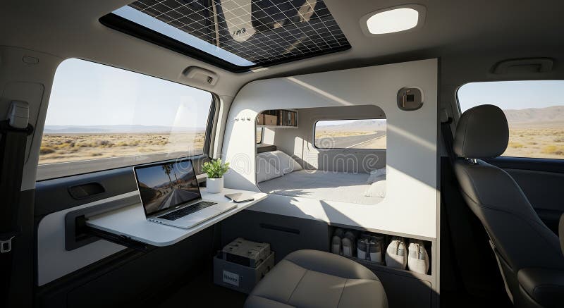Modern Camper Van Interior with Bed, Desk, and Desert View Stock Photo ...
