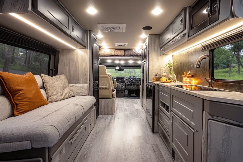 Modern Camper Van Interior with Cozy Seating, Compact Kitchen, and Warm ...