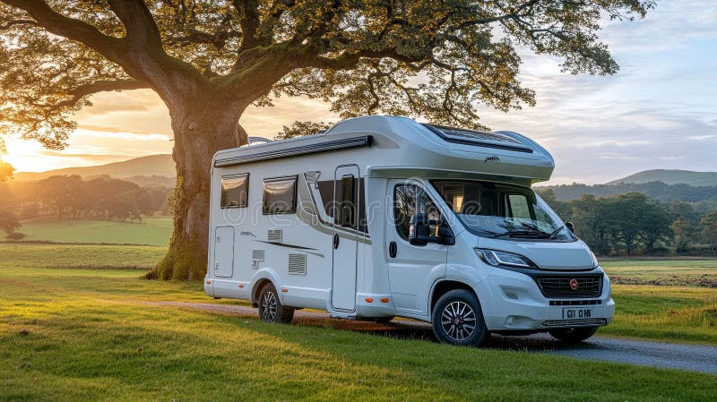 Modern Camper Van in Scenic Countryside at Sunset Stock Illustration ...