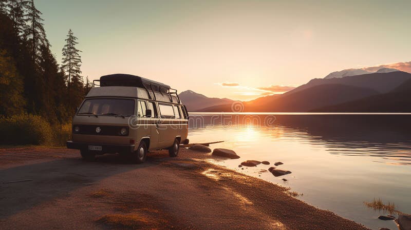 Modern Camper Van at Sunset on Lake. Generative Ai Stock Illustration ...