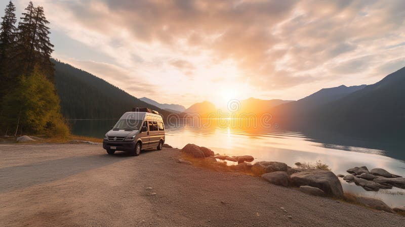 Modern Camper Van at Sunset on Lake. Generative Ai Stock Illustration ...