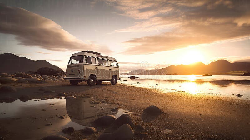 Modern Camper Van at Sunset on Lake. Generative Ai Stock Illustration ...