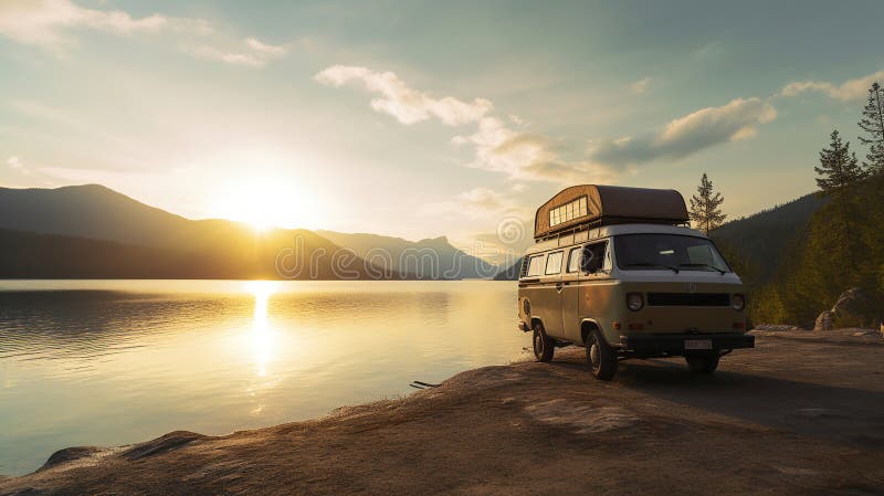 Modern Camper Van at Sunset on Lake. Generative Ai Stock Illustration ...