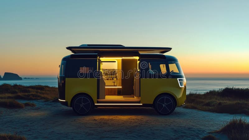Modern Camper Van at Sunset with Open Doors, Scenic View Stock Image ...