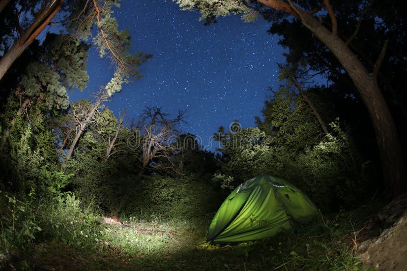 Modern Camping Tent and Bonfire in Forest at Night. Fisheye Lens Effect Stock Photo - Image of ...
