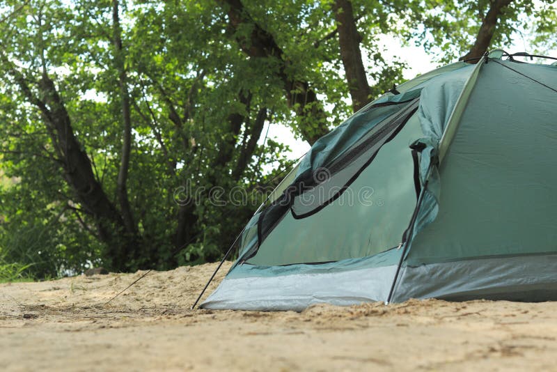 Modern Camping Tent on Riverbank Stock Image - Image of area, adventure ...