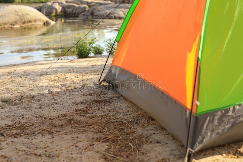 Modern Camping Tent on Riverbank Stock Image - Image of area, journey ...