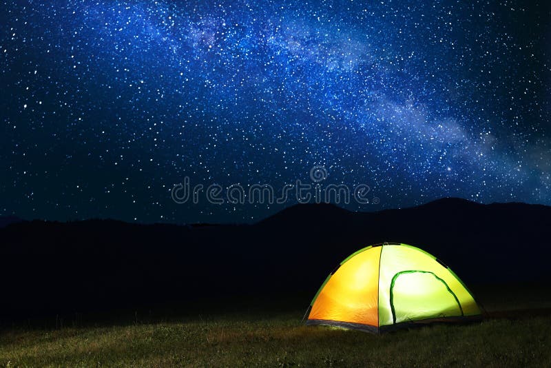 Modern Camping Tent in Wilderness at Night, Space for Text Stock Photo ...
