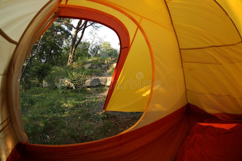Modern Camping Tent Wilderness Summer View Forest Window Stock Photos ...