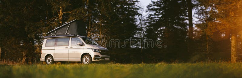 Modern Camping Van Parking at the Forest in Beautiful, Authentic Nature ...