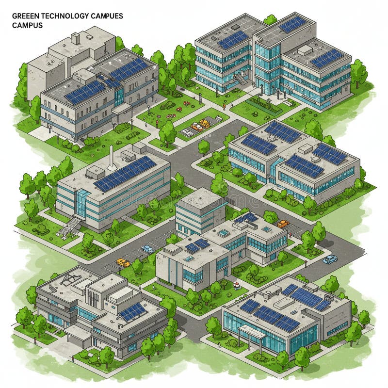 Modern Campus Layout Featuring Multiple Buildings with Flat Roofs ...